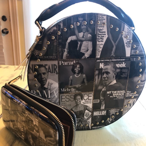 Bags | Glossy Magazine Cover Collage Cross Body Purse And Wallet Setthe ...